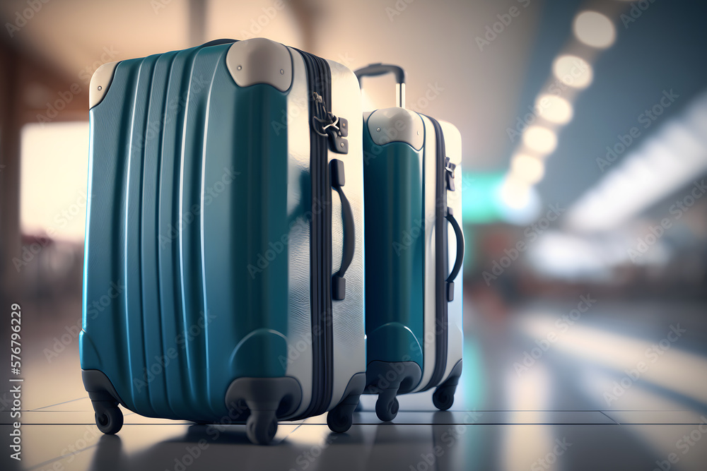 Baggage bags in blurred typical airport interior, copy space with ...