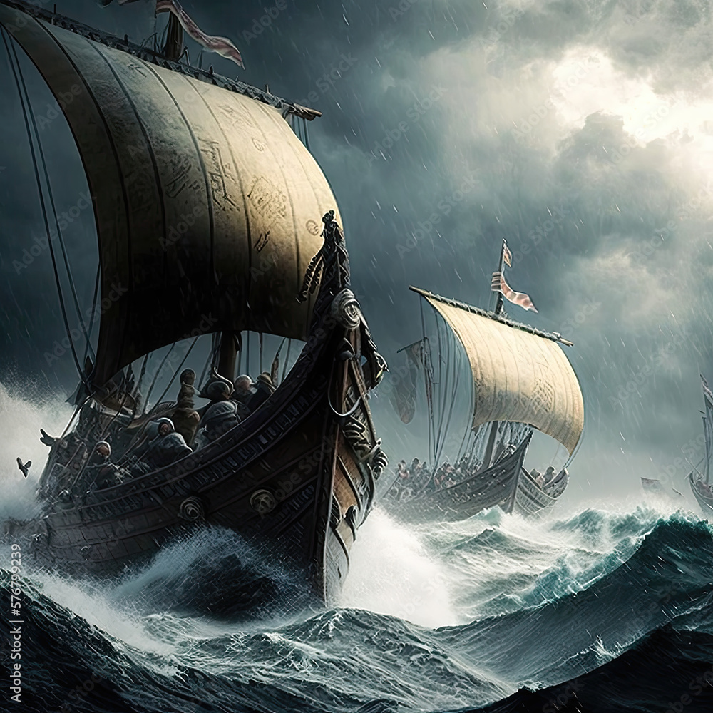 Viking ships fighting the storm. Wooden boats of the Vikings setting ...