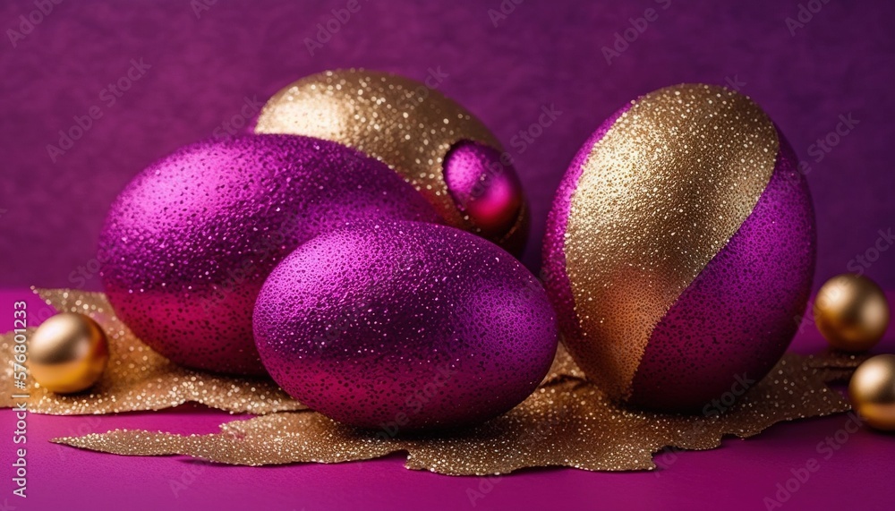 purple and gold christmas ornaments on a purple background with gold ...