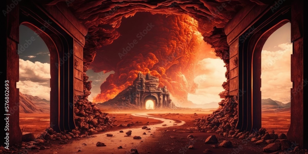 Road to hell through evil demonic arched gate entrance, infernal ...