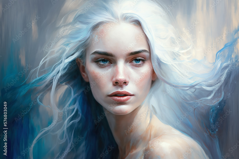 Abstract portrait of a young woman with flowing blue hair and piercing ...