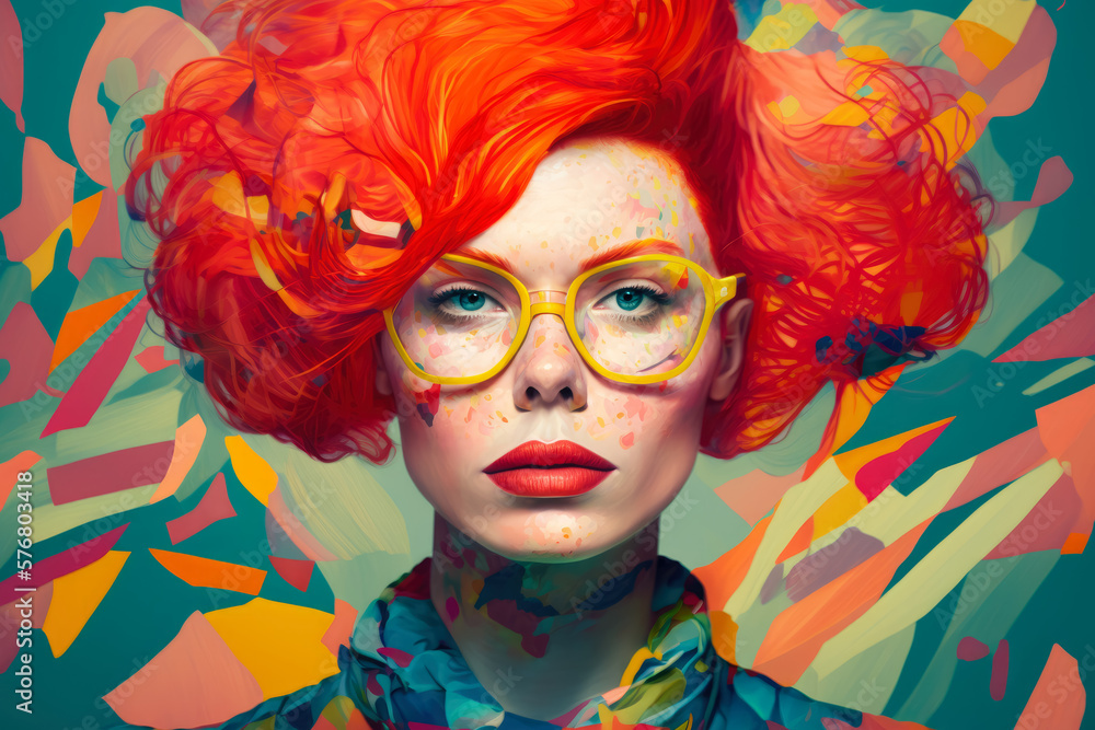 Colorful and Crazy portrait of a Woman with Fiery Red Hair, Wearing a ...