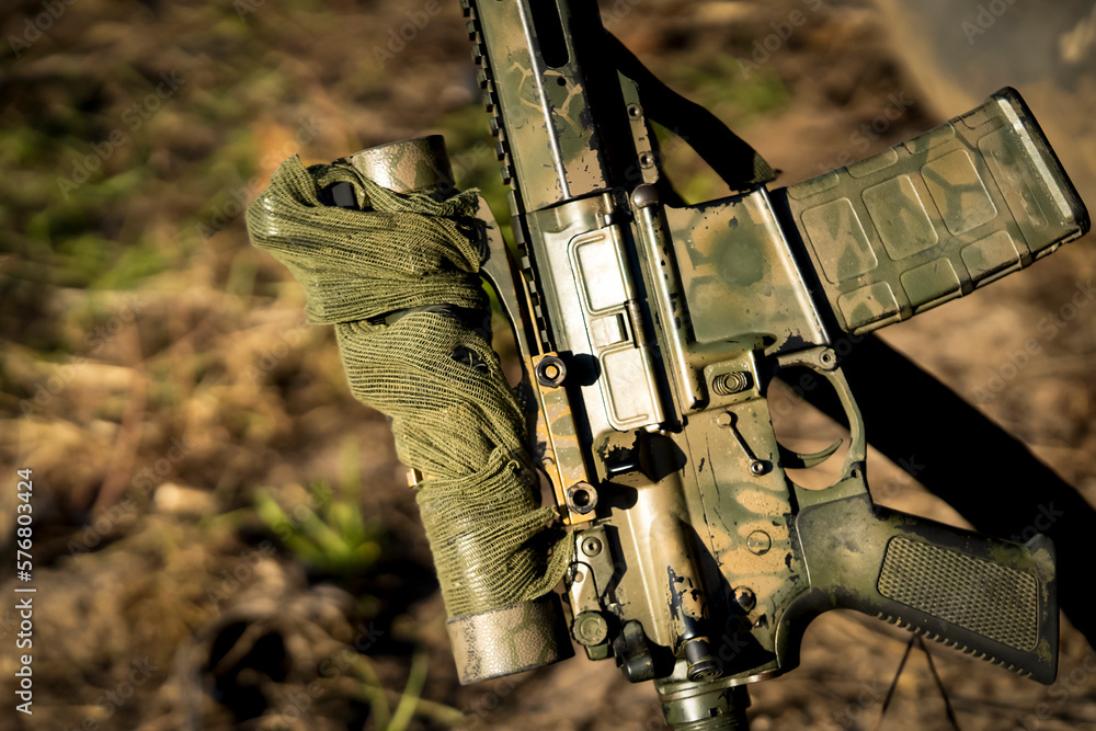 Arch weapon, carbine in camouflage colors for hunting outdoors. Stock ...