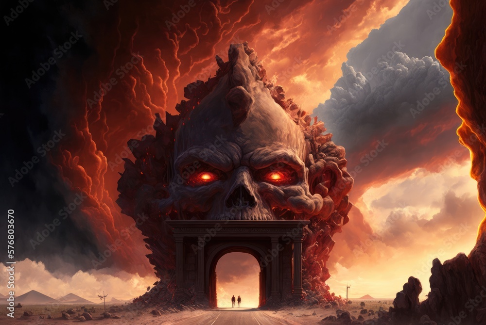 Road to hell through evil demonic skull gate entrance, infernal ...