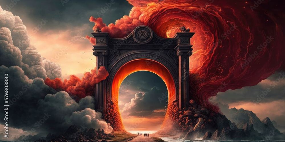 Road to hell through evil demonic arched gate entrance, infernal ...