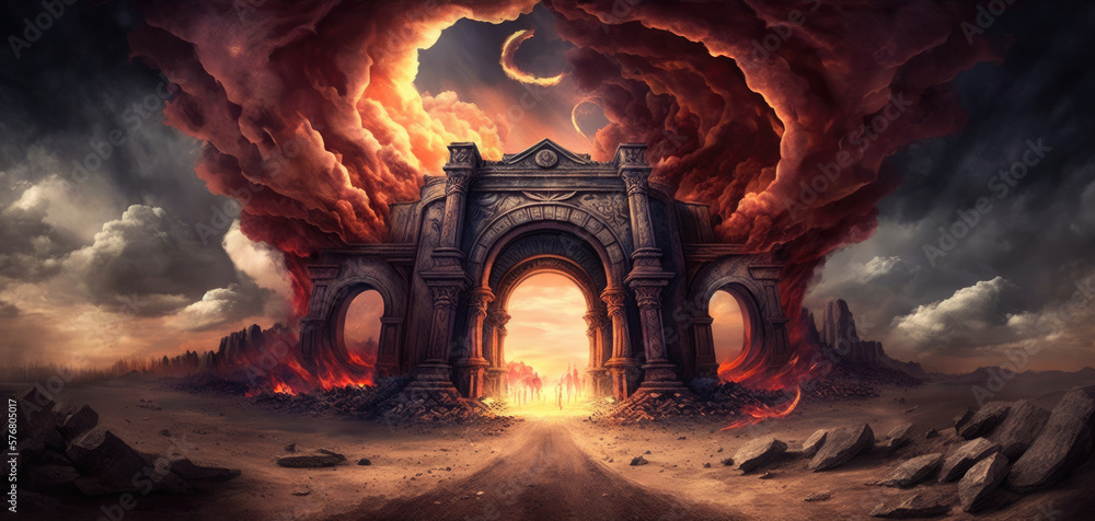 Road to hell through evil demonic arched gate entrance, infernal ...