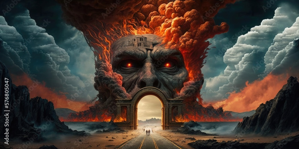 Road to hell through evil demonic skull gate entrance, infernal ...