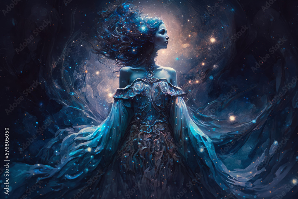 Galactic goddess in a dreamy ethereal outfit gazing at the stars ...