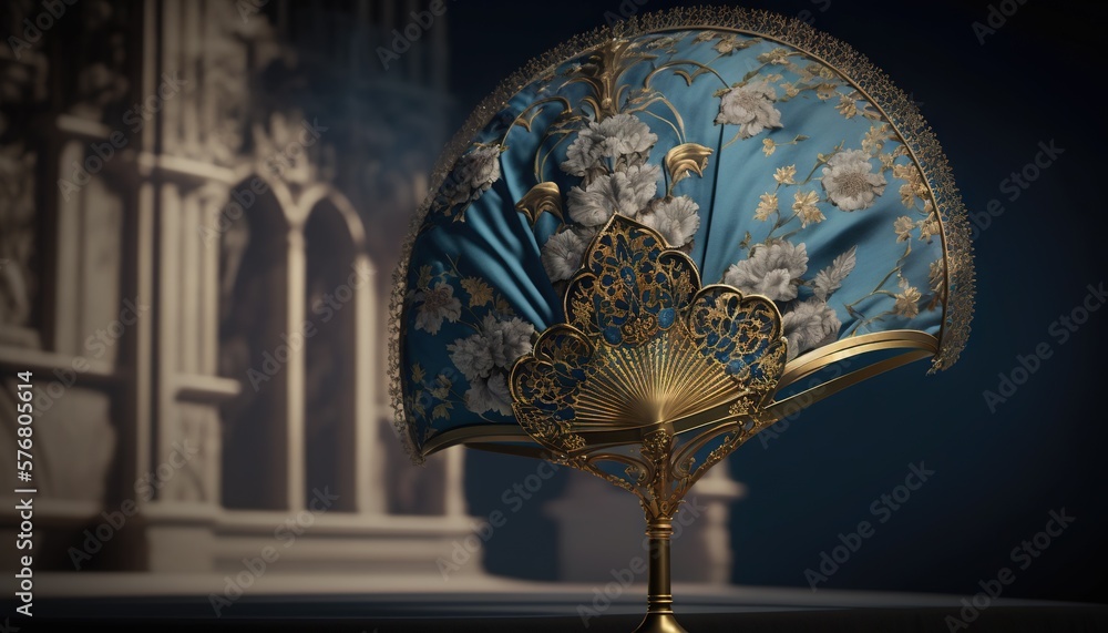 a fancy blue and gold fan on a stand in front of a building with a ...