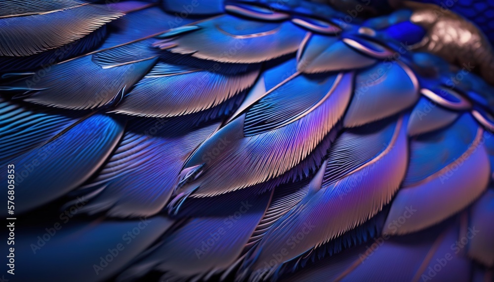 a close up of a blue bird's feathers with a black background and a gold ...