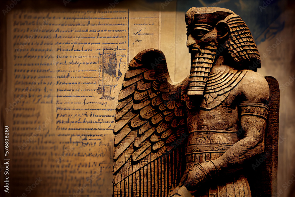 Ancient Sumerian text superimposed on papyrus texture and a winged ...