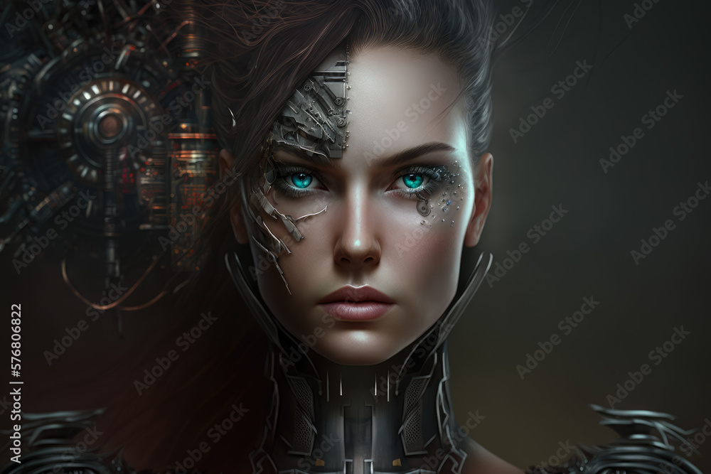 portrait of a surreal woman with a metallic, robotic arm and half of ...