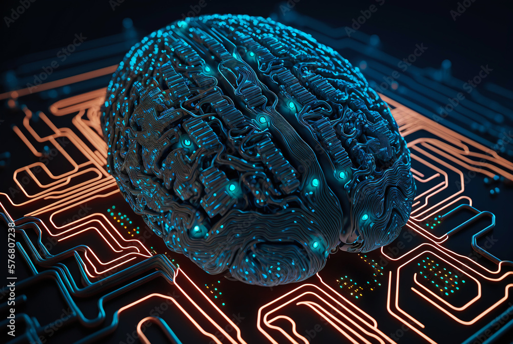 Cyber brain of Artificial Intelligence. Wires and circuit attached. Futuristic synthetic life ...