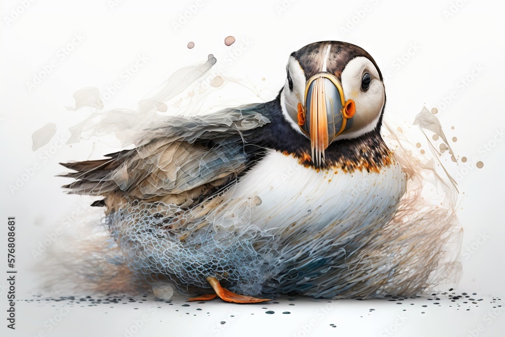puffin stuck in plastic bag, puffin stuck in sea rubbish. Generative Ai ...