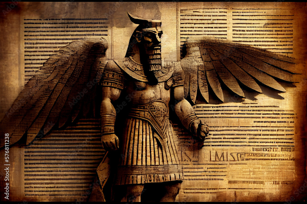 Ancient Sumerian text superimposed on papyrus texture and a winged ...