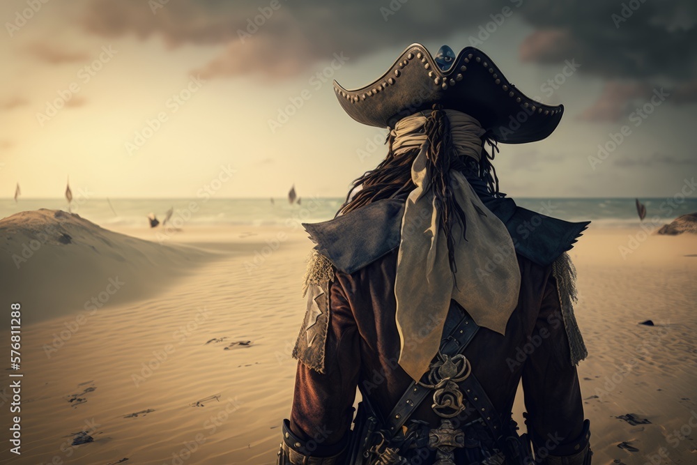 Pirate with his back on the beach sand. Pirate looking out to sea ...