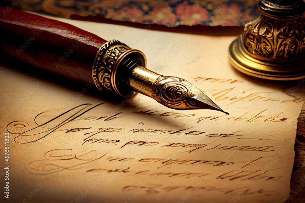 Fountain pen on an antique handwritten letter. Vintage nib pen and ...