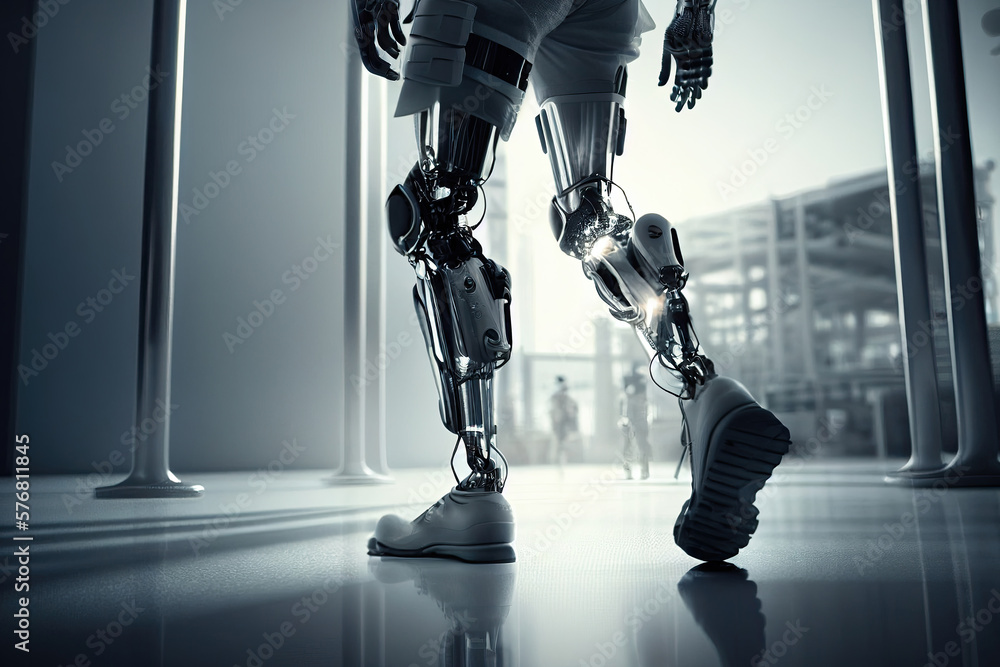 Robot mechanical foot is walking on the floor. Cyborg detail ...