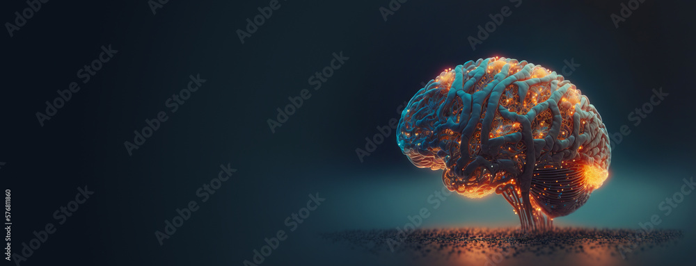 Cyber brain of Artificial Intelligence. Wires and circuit attached ...