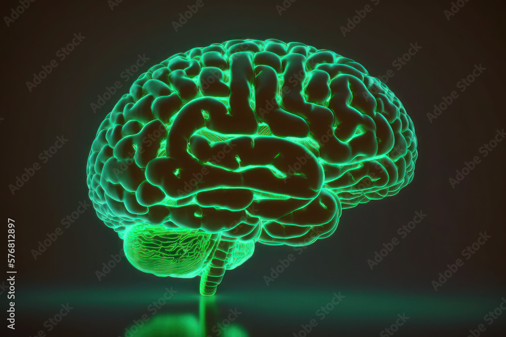 human brain. glowing green lines. neural connections. artificial ...