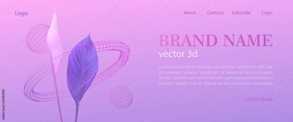 Elegant pink advertising banner with a flower, leaf and wireframes 3d ...
