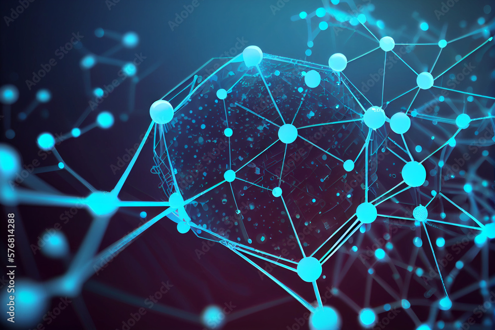 Blockchain network - Abstract connected dots on bright blue background ...