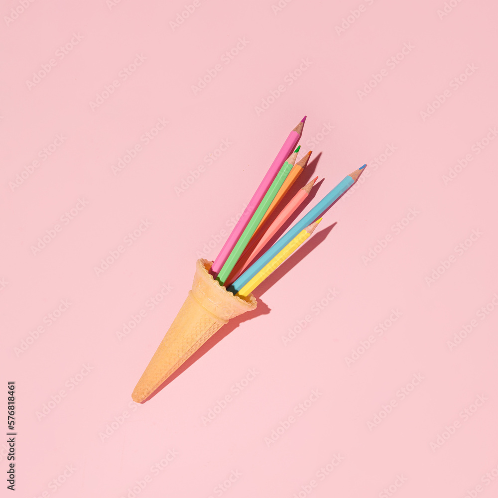 Pastel colored pencils in a ice cream cone, creative summer holiday ...