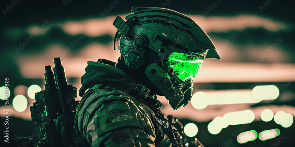 The strong soldier of the future stands with a green night vision ...