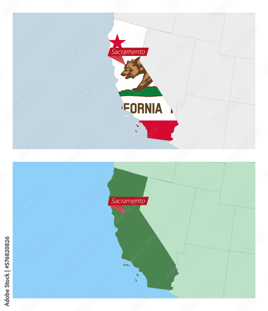 California map with pin of country capital. Two types of California map ...