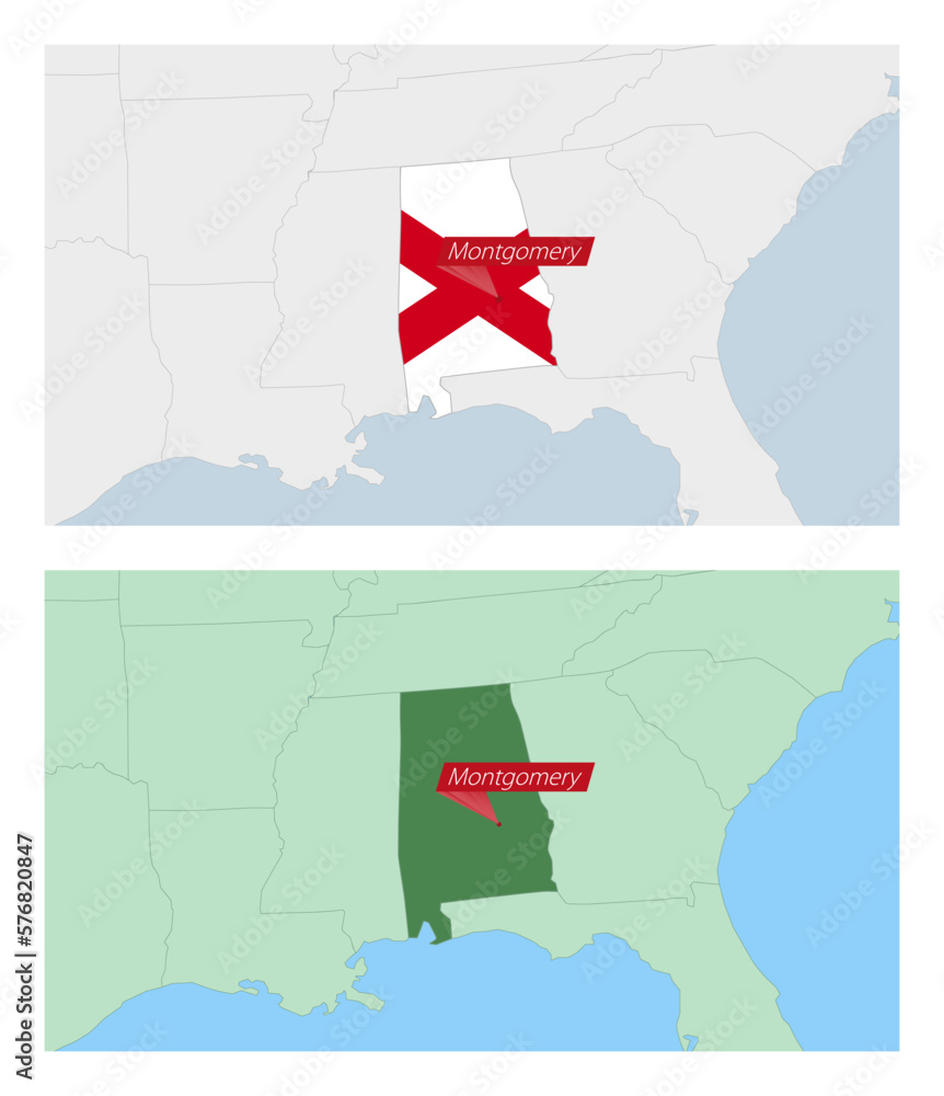 Alabama map with pin of country capital. Two types of Alabama map with ...