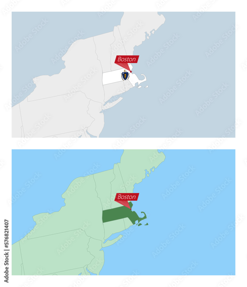 Massachusetts map with pin of country capital. Two types of ...