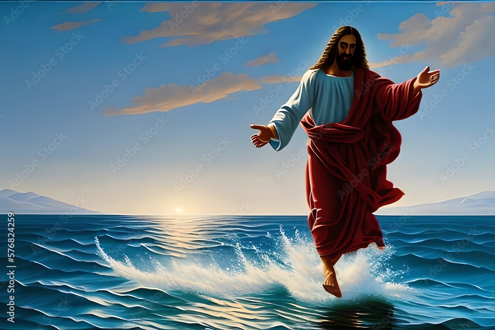 Oil Paint of christ walking on water, jesus walk on water sea of ...