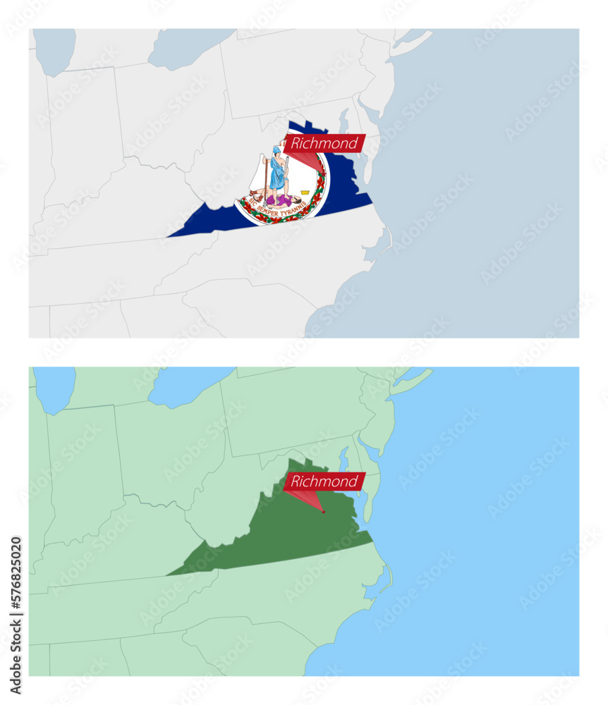 Vetor de Virginia map with pin of country capital. Two types of ...