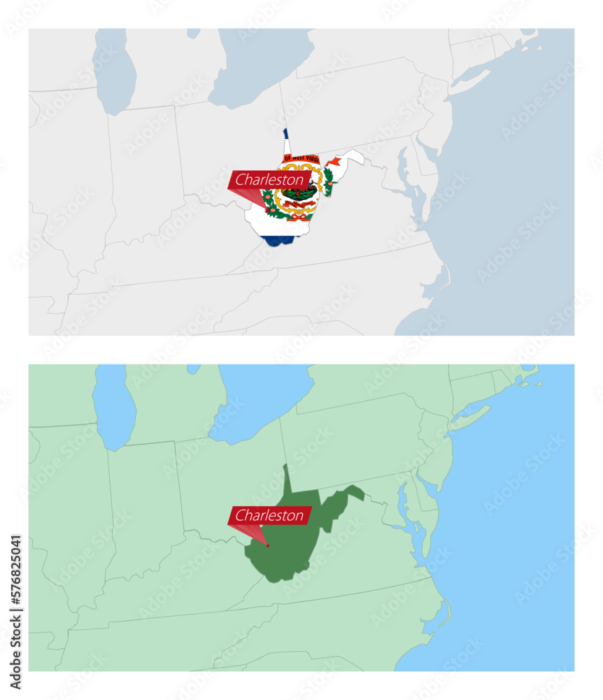 West Virginia map with pin of country capital. Two types of West ...