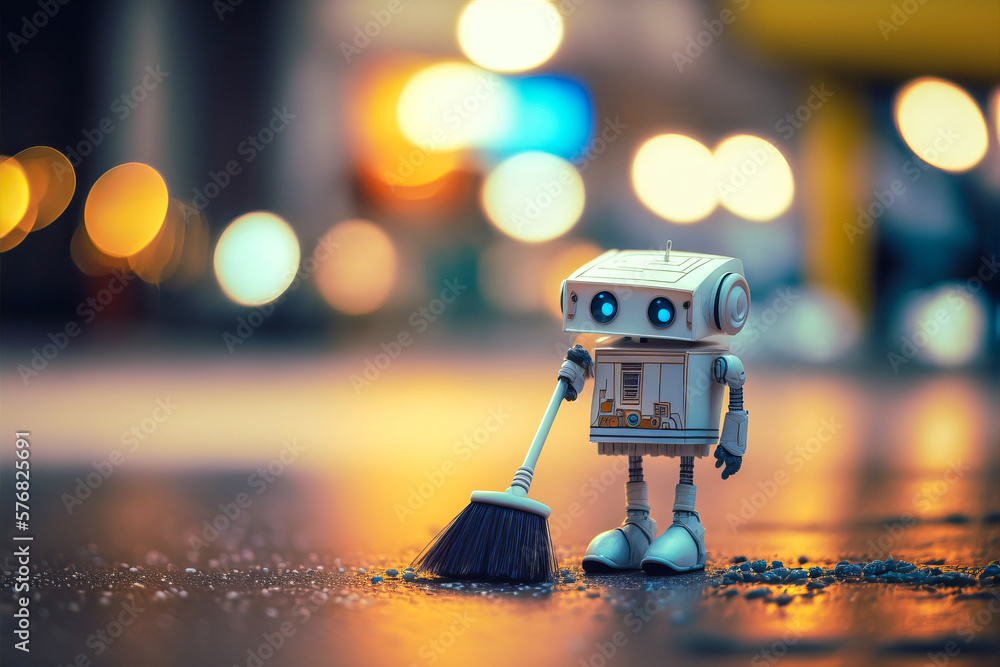 A precise and detailed municipal maintenance robot cleans a cute street ...