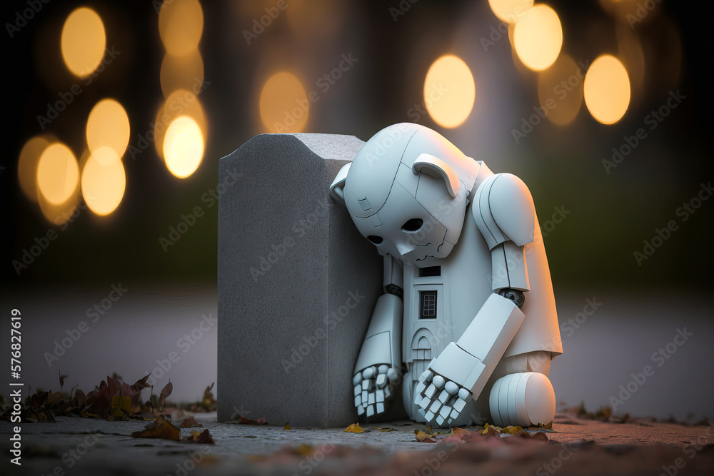 A robot is mourning in a cemetery, displaying genuine emotion and an ...