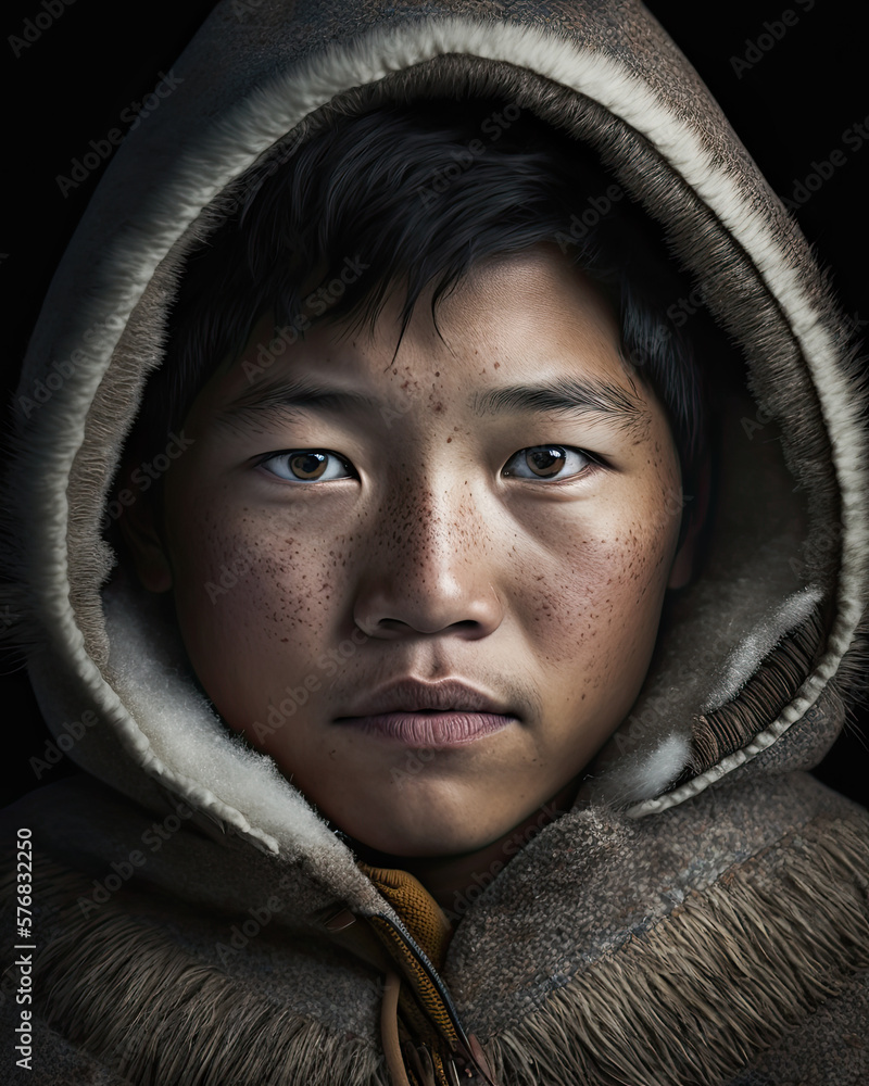 Indigenous people-Inuit Portrait with fur hood and black background ...