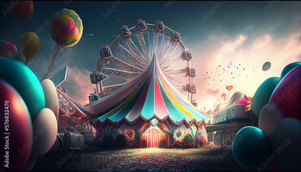 Colorful cartoon style carnival amusement park and funfair background ...