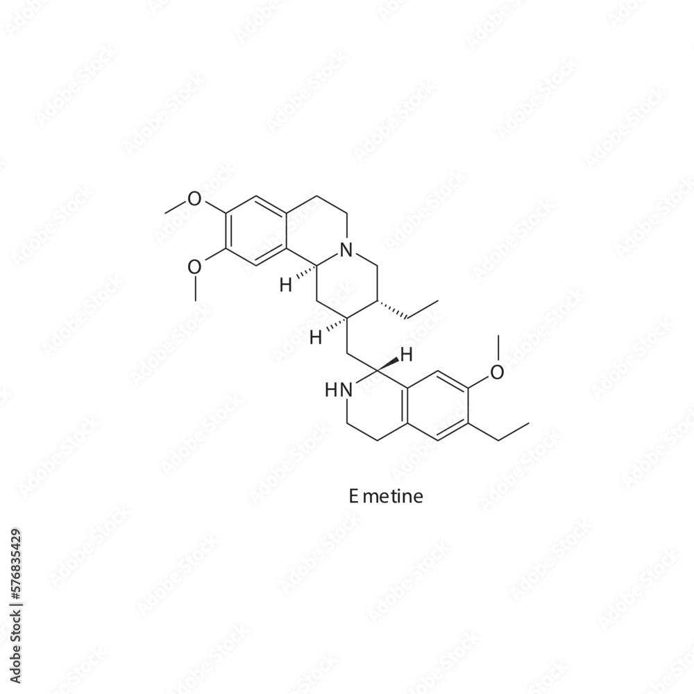 Emetine flat skeletal molecular structure Antiprotozoal drug used in amoebiasis treatment ...