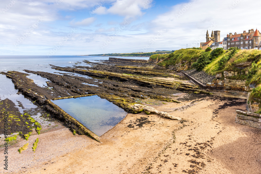 Castle Sands and the old bathing pool at St Andrews, with the Cathedral ...