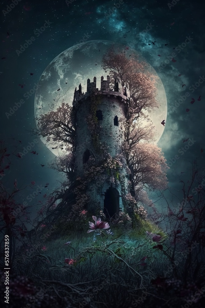 Dreamy Overgrown Medieval Wizard’s Tower in Foggy Clearing on a Moonlit ...