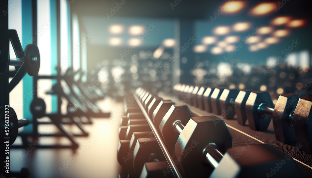 Defocused gym interior, physical exercise area background. 3D Realistic ...