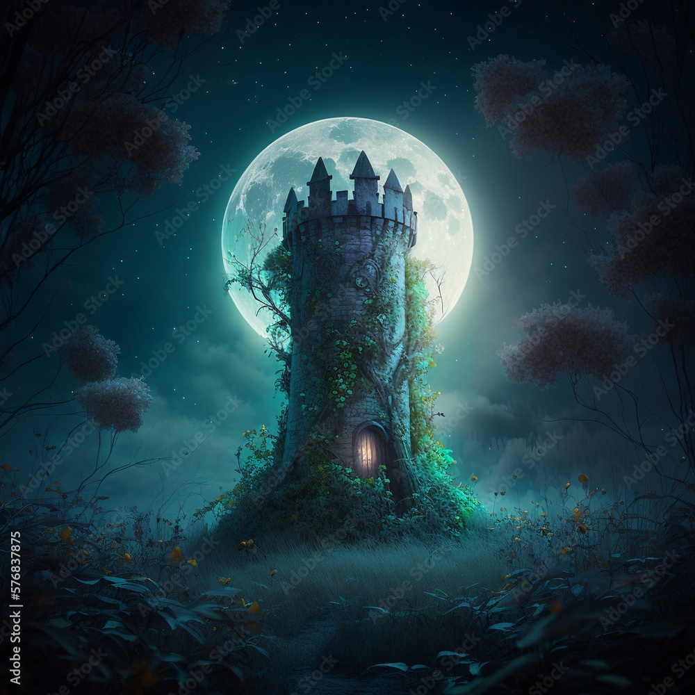 Dreamy Overgrown Medieval Wizard’s Tower in Foggy Clearing on a Moonlit ...