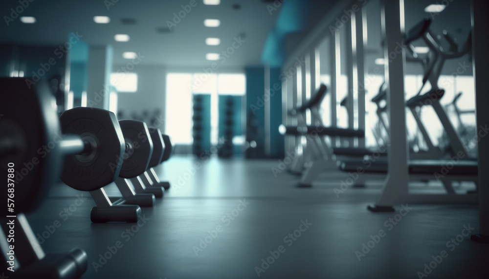 Defocused gym interior, physical exercise area background. 3D Realistic ...