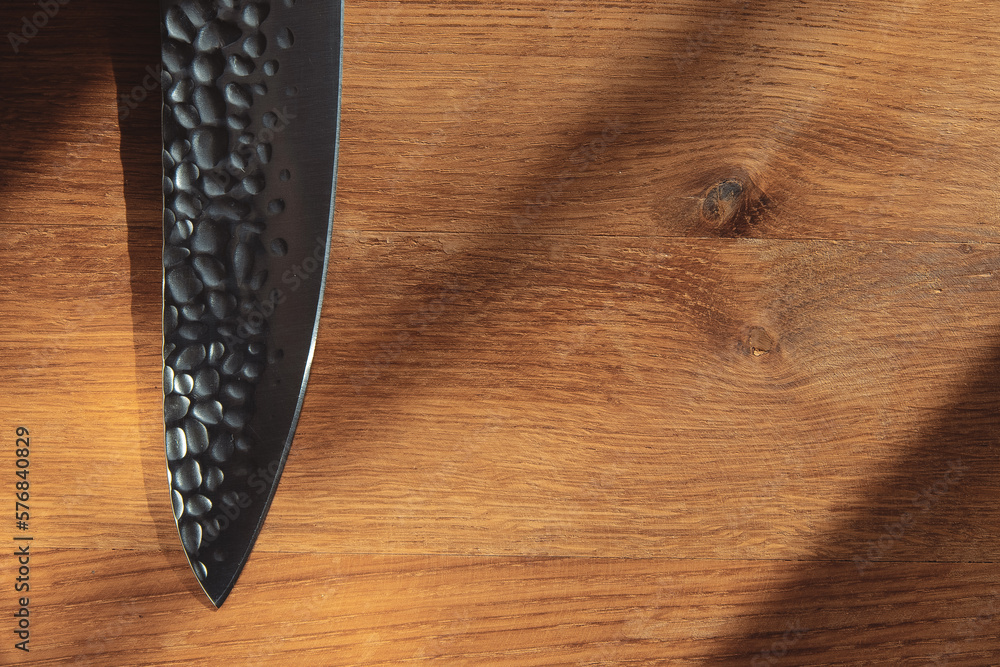 Knife blade. Japanese chef's knife. Background for the menu.Top view ...