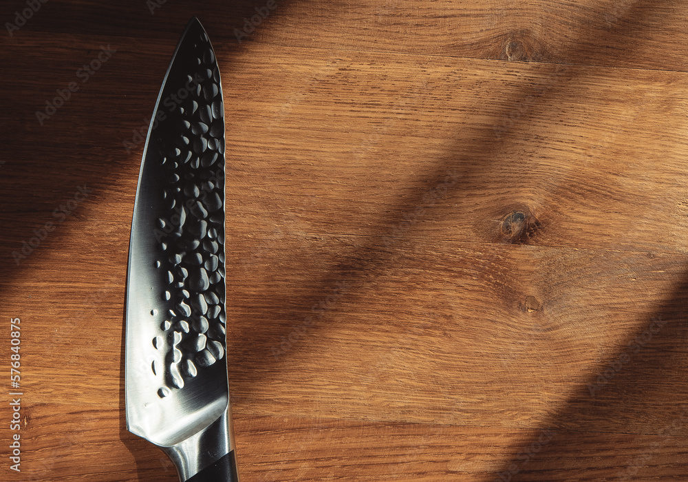 Knife blade. Japanese chef's knife. Background for the menu.Top view ...