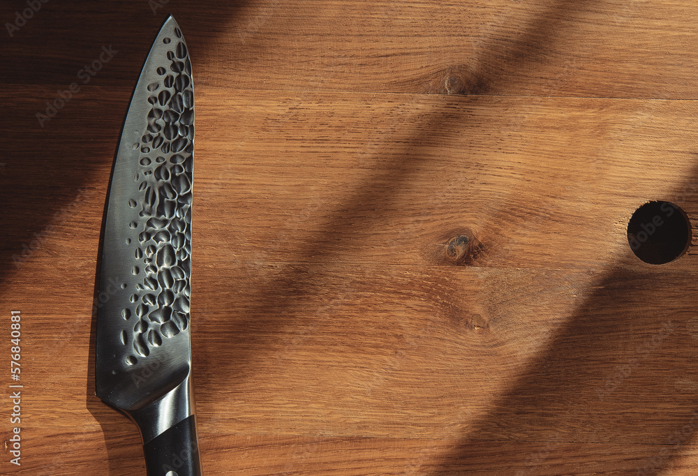 Knife blade. Japanese chef's knife. Background for the menu.Top view ...