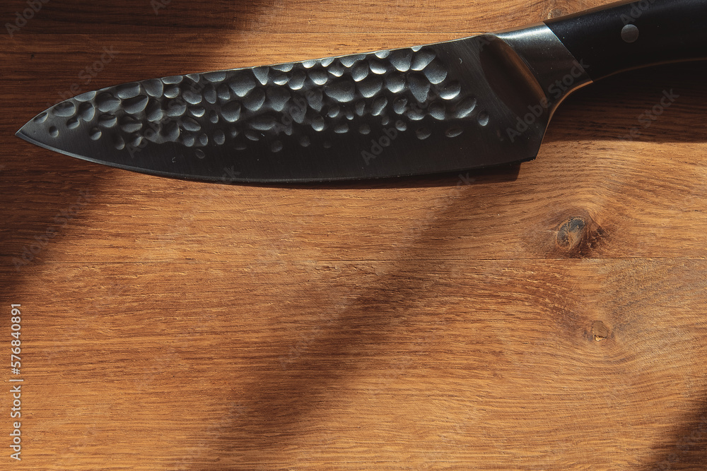 Knife blade. Japanese chef's knife. Background for the menu.Top view ...