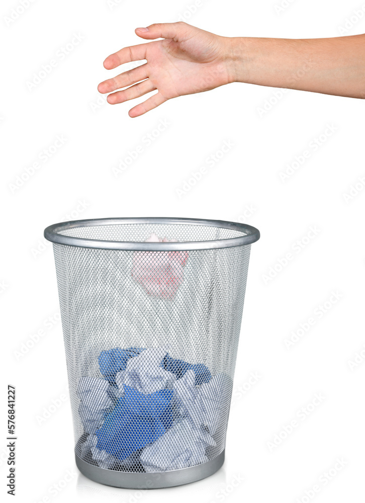Hand throwing out paper into trashcan isolated on white background ...