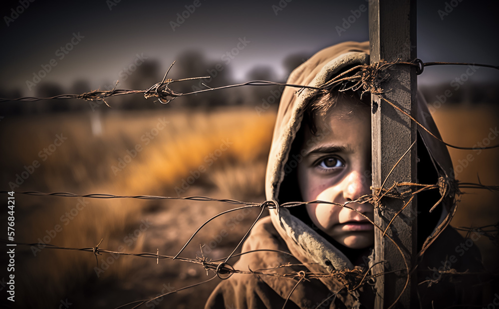Refugee Girl behind a rusted Barb wire fence, worn clothes and looking ...